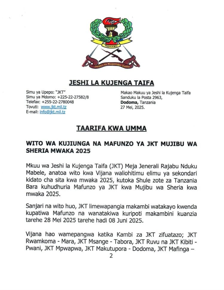 Majina ya Waliochaguliwa JKT 2025 ( Form Six JKT Selection 2025 PDF ...